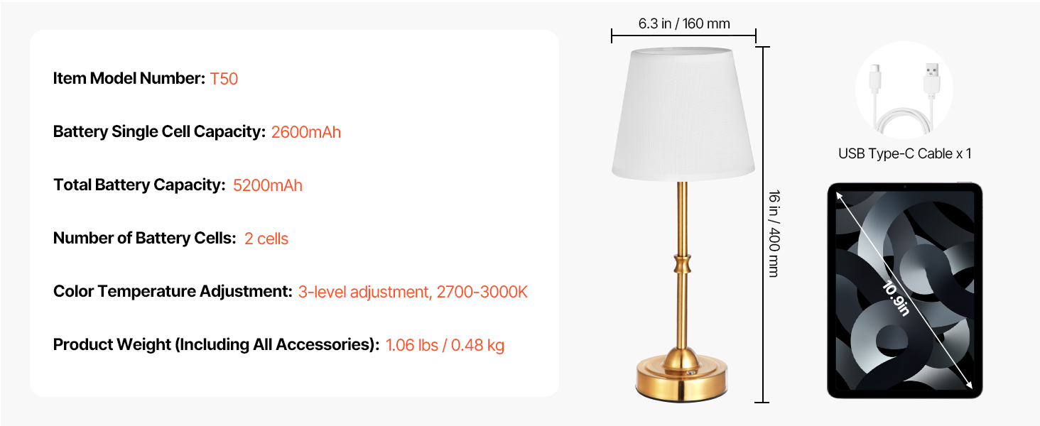 Cordless Table Lamp 5200mAh Rechargeable Battery Desk Lamp Fabric Shade ...