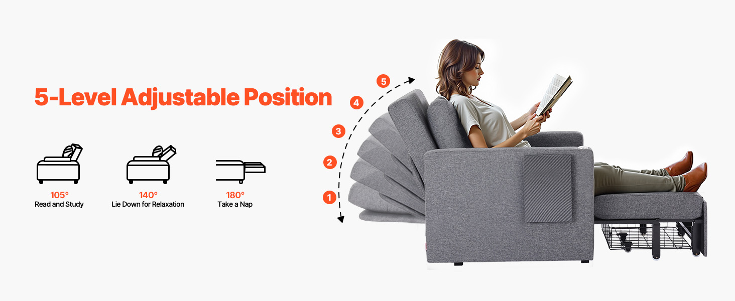 VEVOR Sleeper Sofa Bed with Side Pocket Pillow Desk Board 5 Adjustable ...