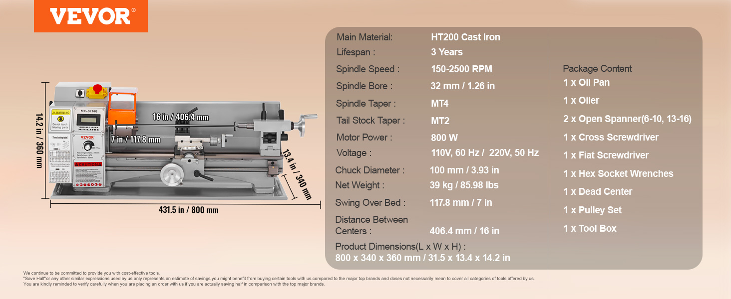 VEVOR Mini Metal Lathe Machine, 180 x 400 mm, 800W Precision Benchtop ...