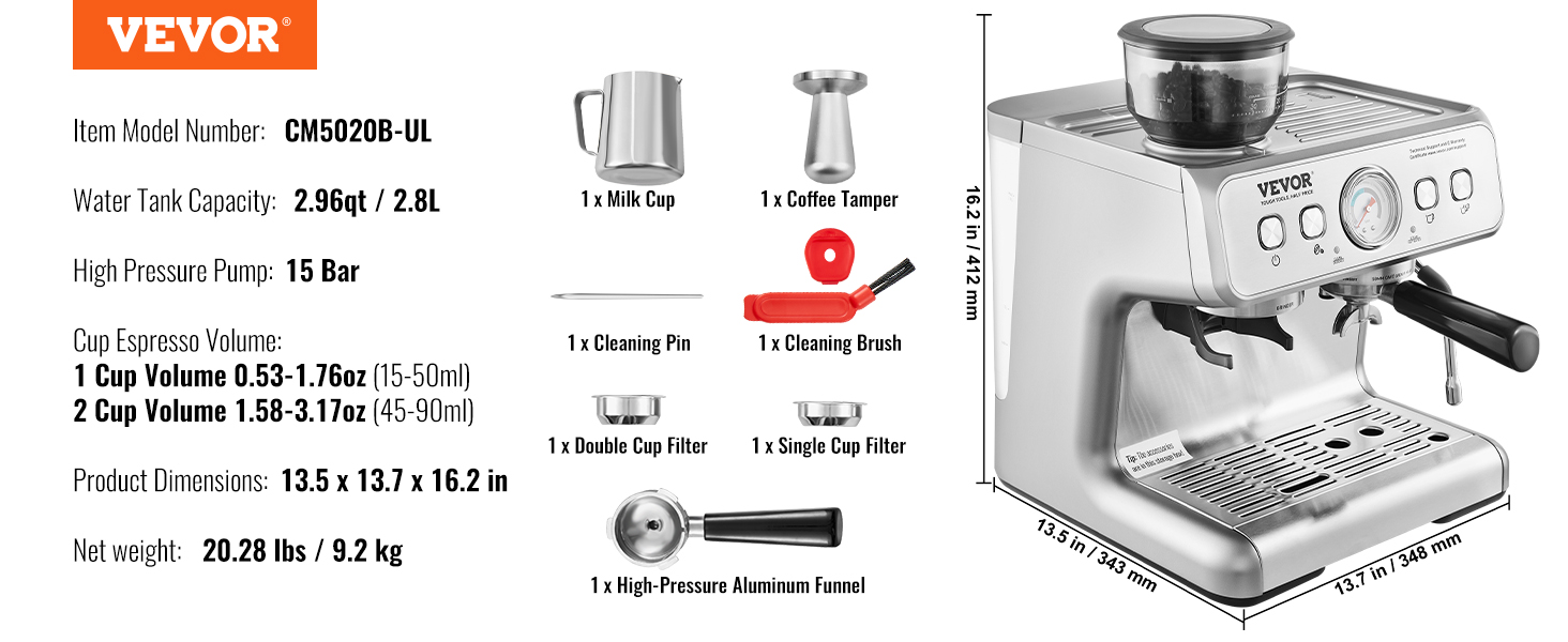 VEVOR Espresso Machine with Grinder, 15 Bar Semi-Automatic Espresso ...
