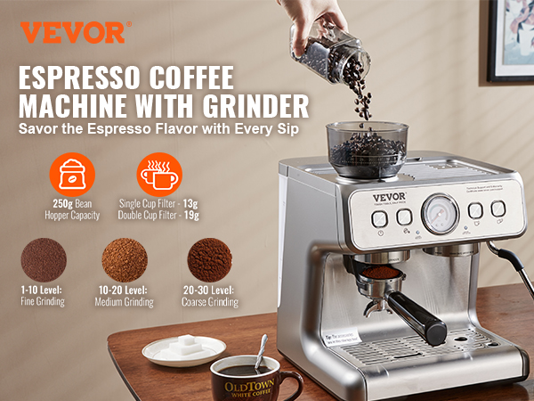 VEVOR Espresso Machine with Grinder, 15 Bar Semi-Automatic Espresso ...