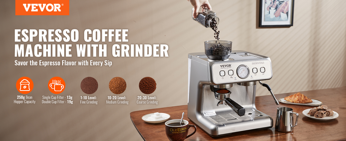 VEVOR Espresso Machine with Grinder, 15 Bar Semi-Automatic Espresso ...