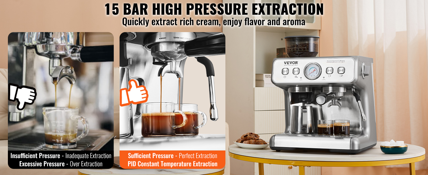 VEVOR Espresso Machine with Grinder, 15 Bar Semi-Automatic Espresso ...