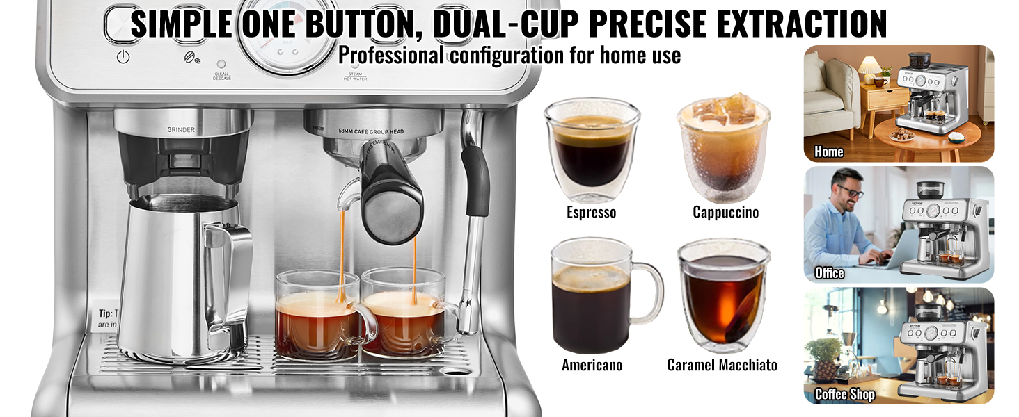 VEVOR Espresso Machine with Grinder, 15 Bar Semi Automatic Espresso ...
