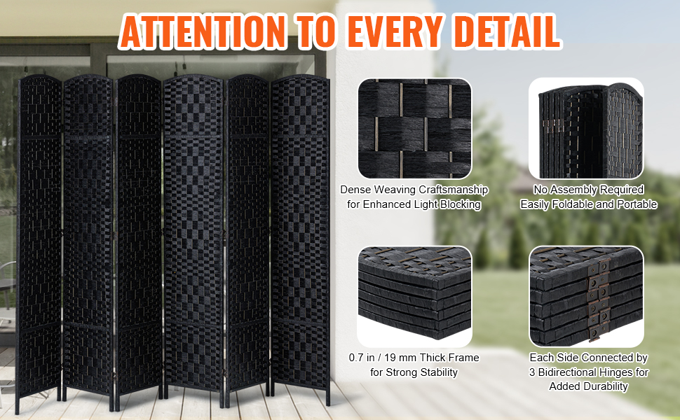 VEVOR 6 Panel Room Divider, Hand-Woven Folding Privacy Screens with ...
