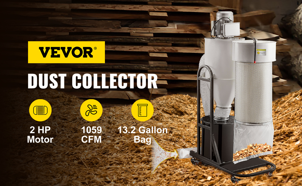VEVOR Cyclone Dust Collector Woodworking Dust Collector 2HP 220V Heavy ...
