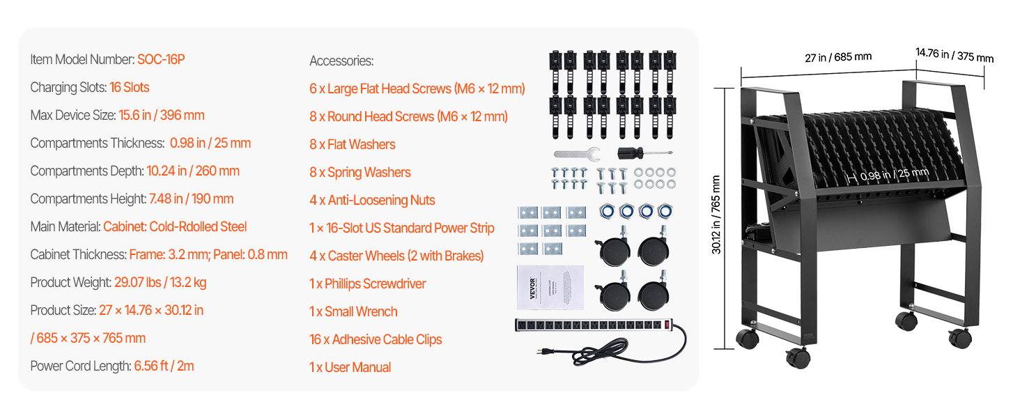 VEVOR Charging Cart Mobile Open Charging Cart 16 Devices for Laptop and ...