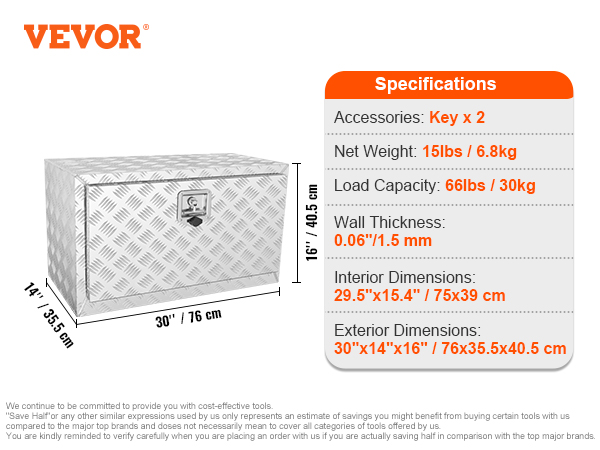 VEVOR Underbody Truck Box, 30"×14"×16" Pickup Storage Box, Heavy Duty ...