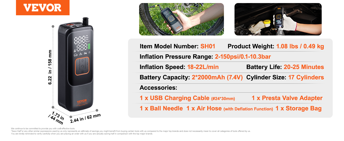 VEVOR Tire Inflator Portable Air Compressor, 150 PSI Electric Air Pump ...