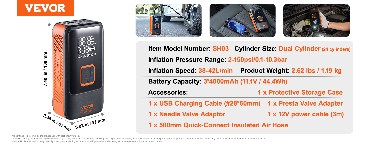 VEVOR Tire Inflator Portable Air Compressor, Dual-Cylinder & 12000mAh ...
