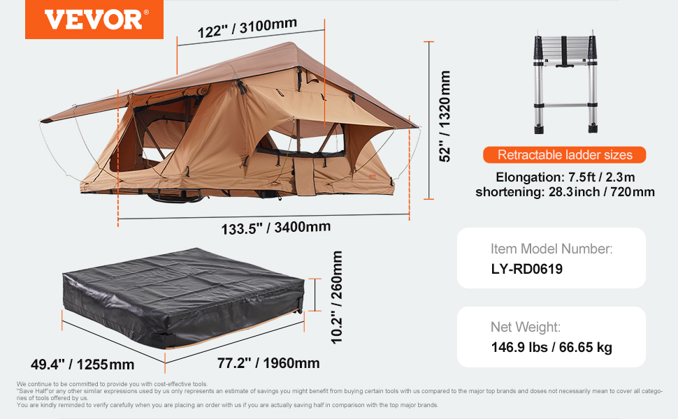 VEVOR Rooftop Tent Hard Shell 2-3 Person Waterproof for Jeep SUV Truck ...