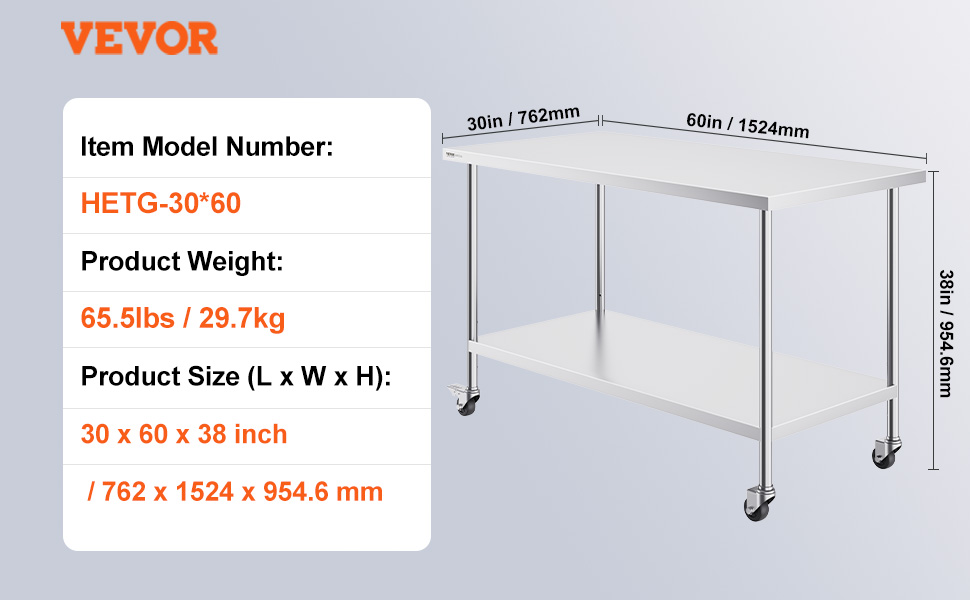 VEVOR Stainless Steel Work Table 30 x 60 x 38 Inch, with 4 Wheels, 3 ...