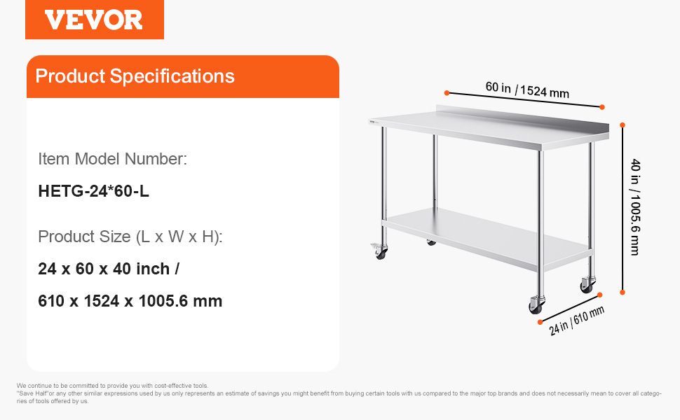 VEVOR 24 x 60 x 40 Inch Stainless Steel Work Table, Commercial Food ...
