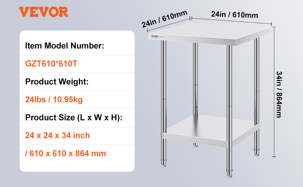 VEVOR Stainless Steel Prep Table, 24 x 24 x 34 Inch, 700 lbs Load ...