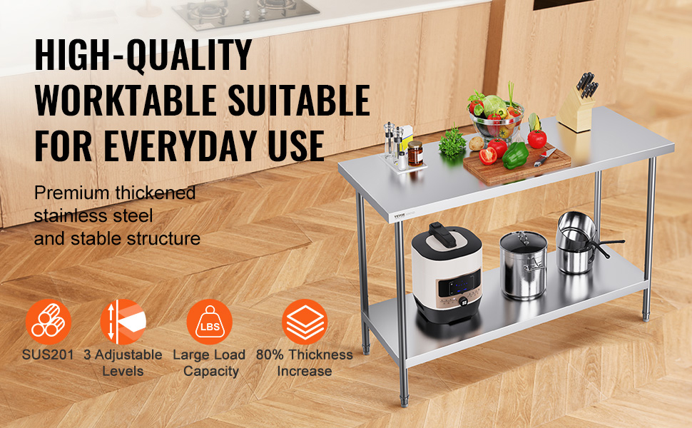 VEVOR Stainless Steel Prep Table, 24 x 60 x 34 Inch, Heavy Duty Metal ...