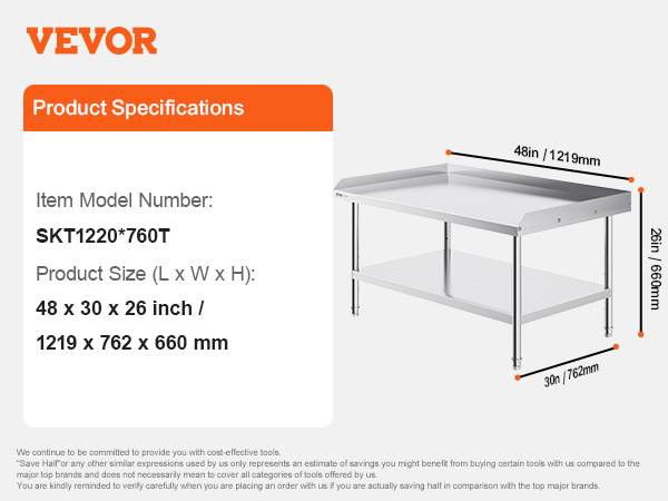 VEVOR Stainless Steel Work Table, 30 x 48 x 26 Inch Commercial Food ...