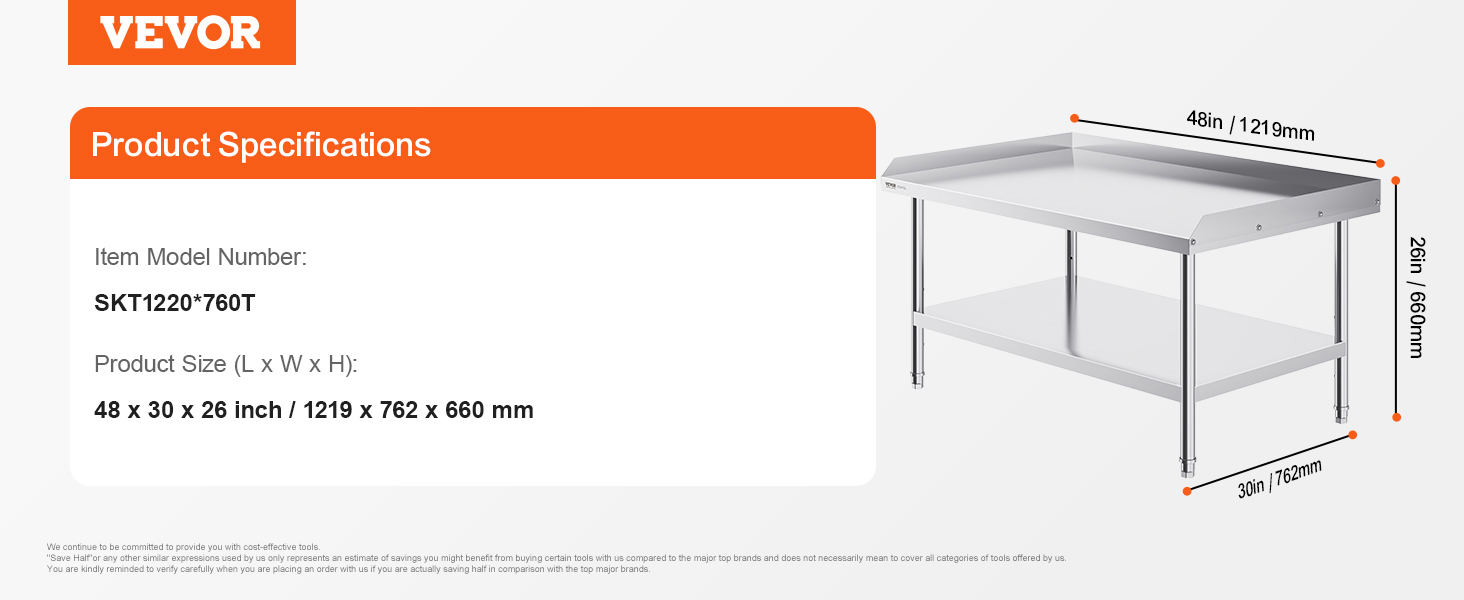 VEVOR Stainless Steel Work Table, 30 x 48 x 26 Inch Commercial Food ...