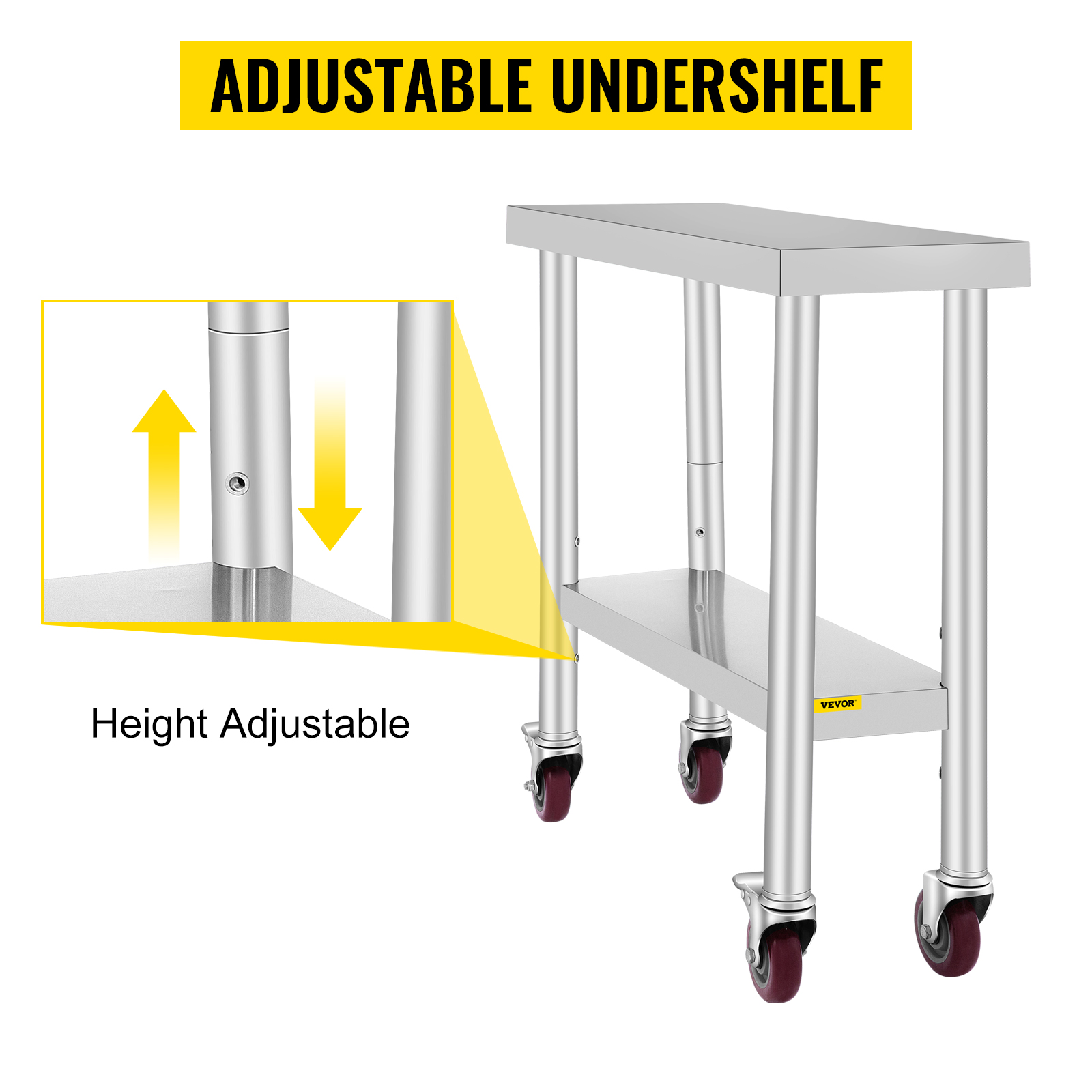 VEVOR 30x12x34 Inch Stainless Steel Work Table 3-Stage Adjustable Shelf ...