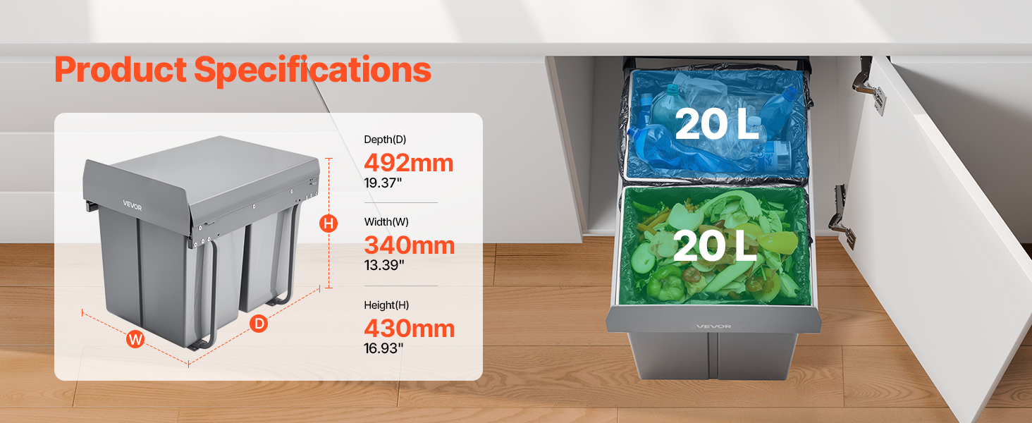 VEVOR Double 20Lx2 Pullout Waste Container Under Cabinet Kitchen Bin ...