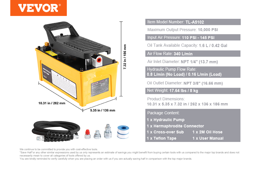 VEVOR Air Hydraulic Pump 10000 PSI, 1.6l Oil Tank, 340 L/min Air Flow ...