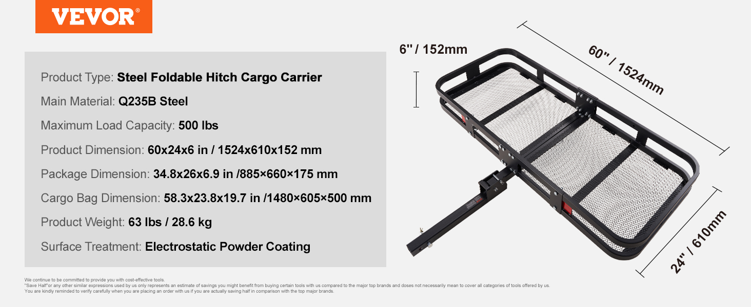 VEVOR Hitch Cargo Carrier, 60 x 24 x 6 in Folding Trailer Hitch Mounted ...