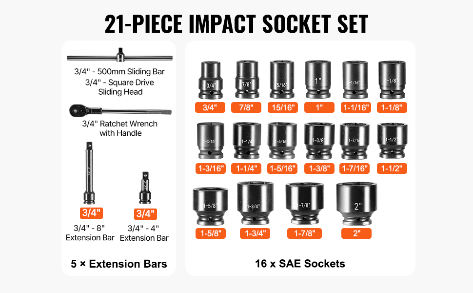 Impact Socket Set Impact Sockets 3/4 Inches 21 Piece 3/4 Inches to 2 Inches SAE | VEVOR US