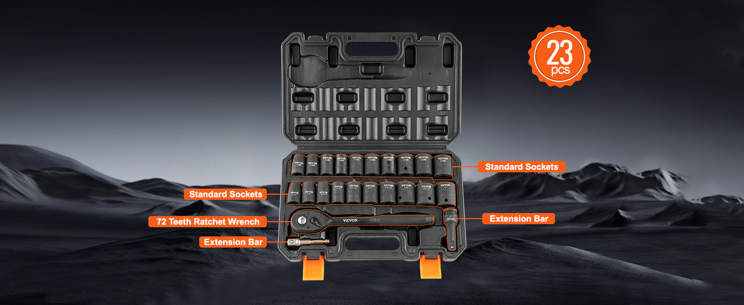 VEVOR 1/2" Drive Impact Socket Set, 23 Piece Socket Set SAE （7/16" -1 ...