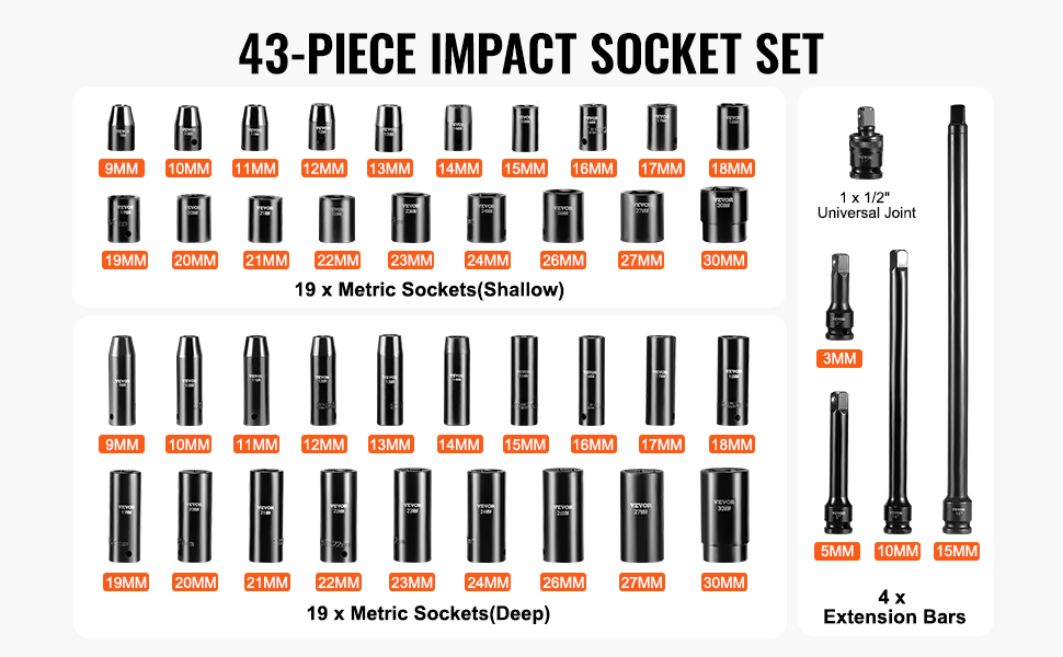 VEVOR Impact Socket Set 1/2 Inches 43 Piece Impact Sockets, Standard ...