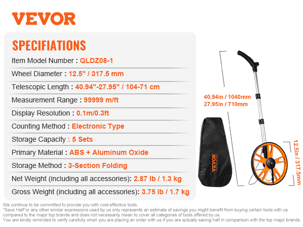 VEVOR Measuring Wheel in Feet and Inches,12.5 in Wheel Diameter, 40.94 ...