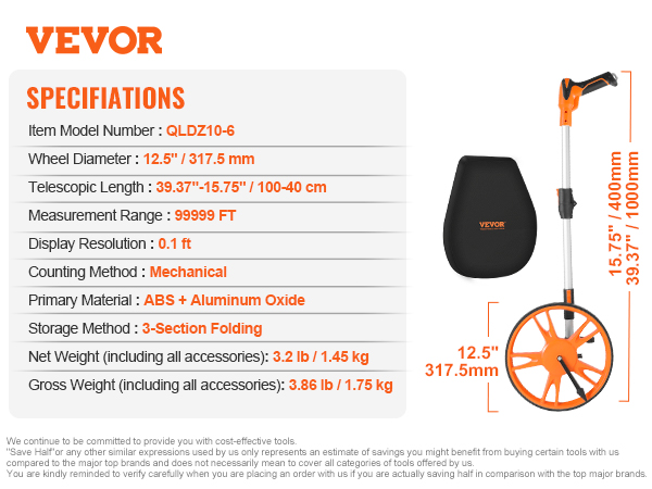VEVOR Measuring Wheel in Feet, 12.5 in Wheel Diameter, 39.37-15.75 in ...
