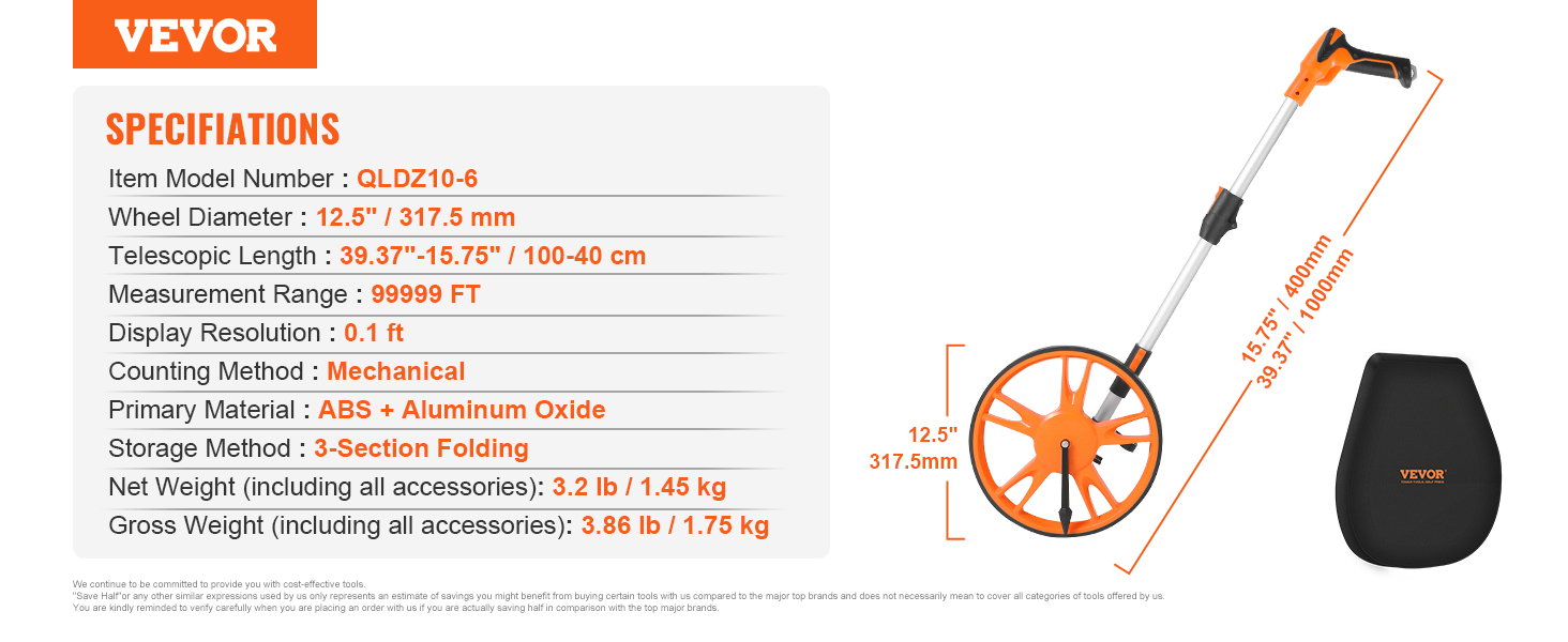 VEVOR Measuring Wheel in Feet, 12.5 in Wheel Diameter, 39.37-15.75 in ...