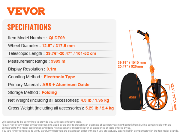 VEVOR Measuring Wheel in Inches, 12.5in Diameter Wheel, Centerline ...