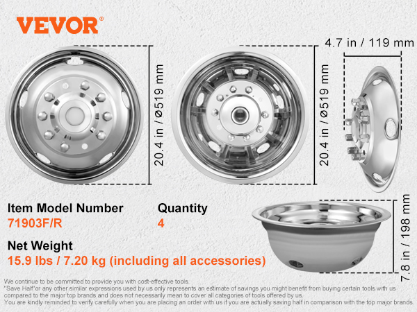 VEVOR 19.5-inch 10 Lug Wheel Simulators, 304 Stainless Steel Wheel ...