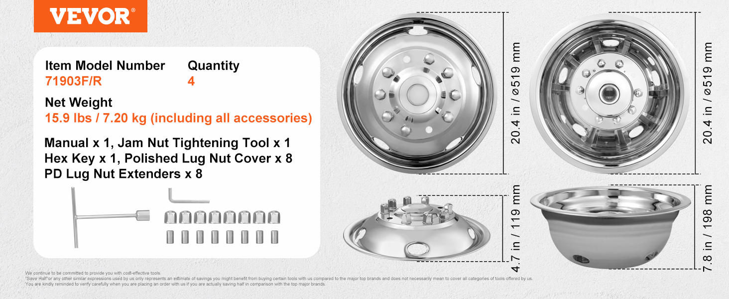 VEVOR 19.5-inch 10 Lug Wheel Simulators, 304 Stainless Steel Wheel ...
