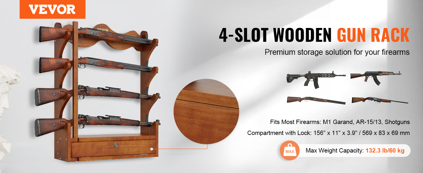 VEVOR Gun Rack, Wood Gun Rack Wall Mount, Gun Display Rack holds 4 ...