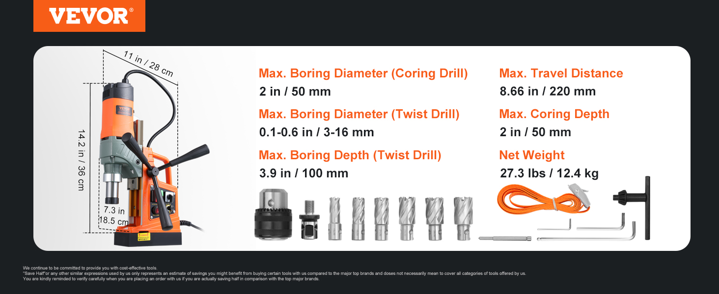 VEVOR Magnetic Drill, 1450W 2" Boring Diameter, 12800N Portable ...