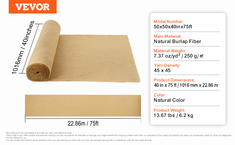 VEVOR Burlap Fabric Roll Burlap Tree Wrap 40 in x 75 ft for Crafts ...