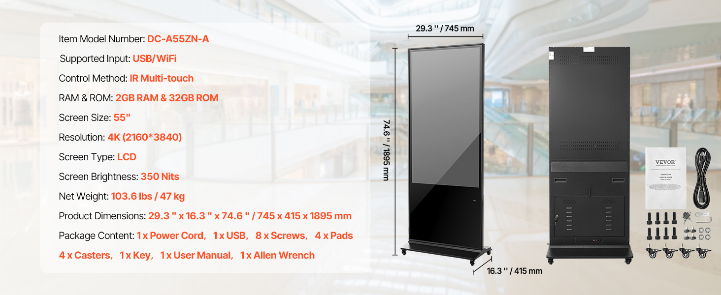 VEVOR 55" Digital Signage Display Touch Screen 4K UHD LCD Floor ...