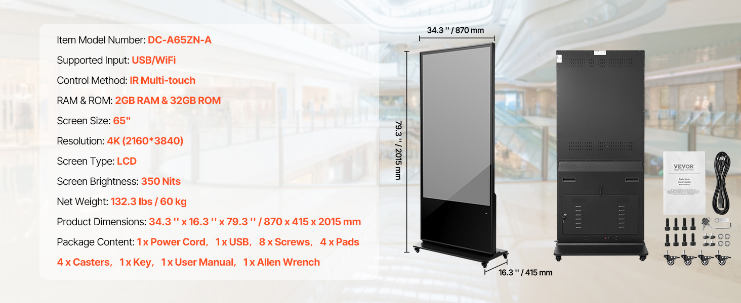 65" Digital Signage Display Touchscreen 4K UHD LCD Screen Floor ...
