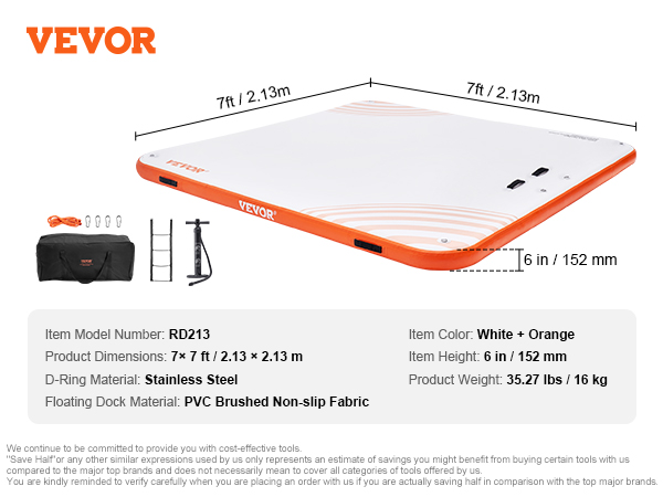 VEVOR Inflatable Floating Dock,7 x 7FT Inflatable Dock Platform, Non ...