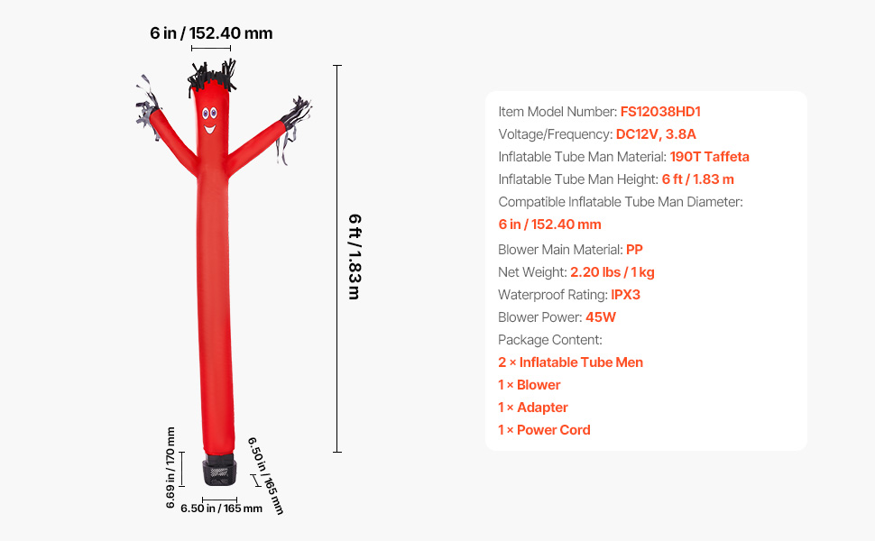 6 ft Air Dancers Wacky Waving Inflatable Tube Man with 1/15 HP Blower ...