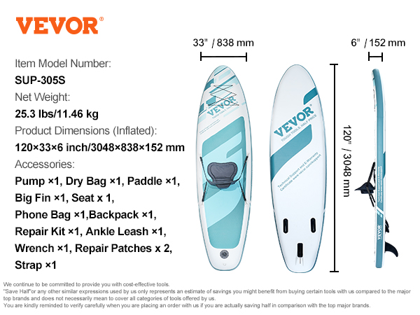 VEVOR Inflatable Stand Up Paddle Board, 10' x 33" x 6" Wide SUP ...