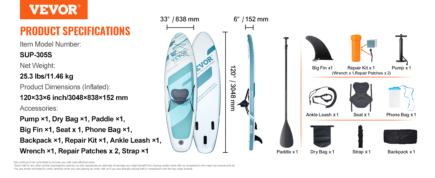 VEVOR Inflatable Stand Up Paddle Board, 10' x 33" x 6" Wide SUP ...