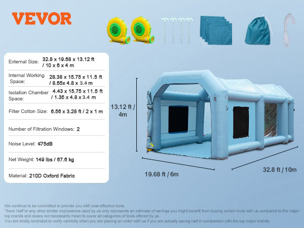 VEVOR Inflatable Paint Booth, 33x20x13ft Inflatable Spray Booth, High ...
