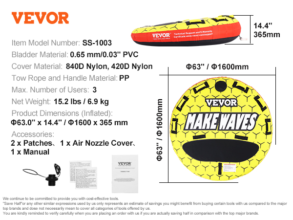 VEVOR Towable Tube for Boating, 1-3 Riders Inflatable Boat Tubes and ...