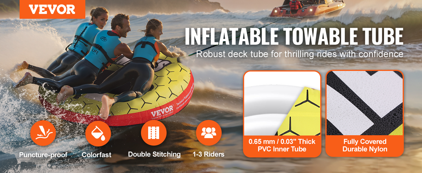 VEVOR Towable Tube for Boating, 1-3 Riders Inflatable Boat Tubes and ...