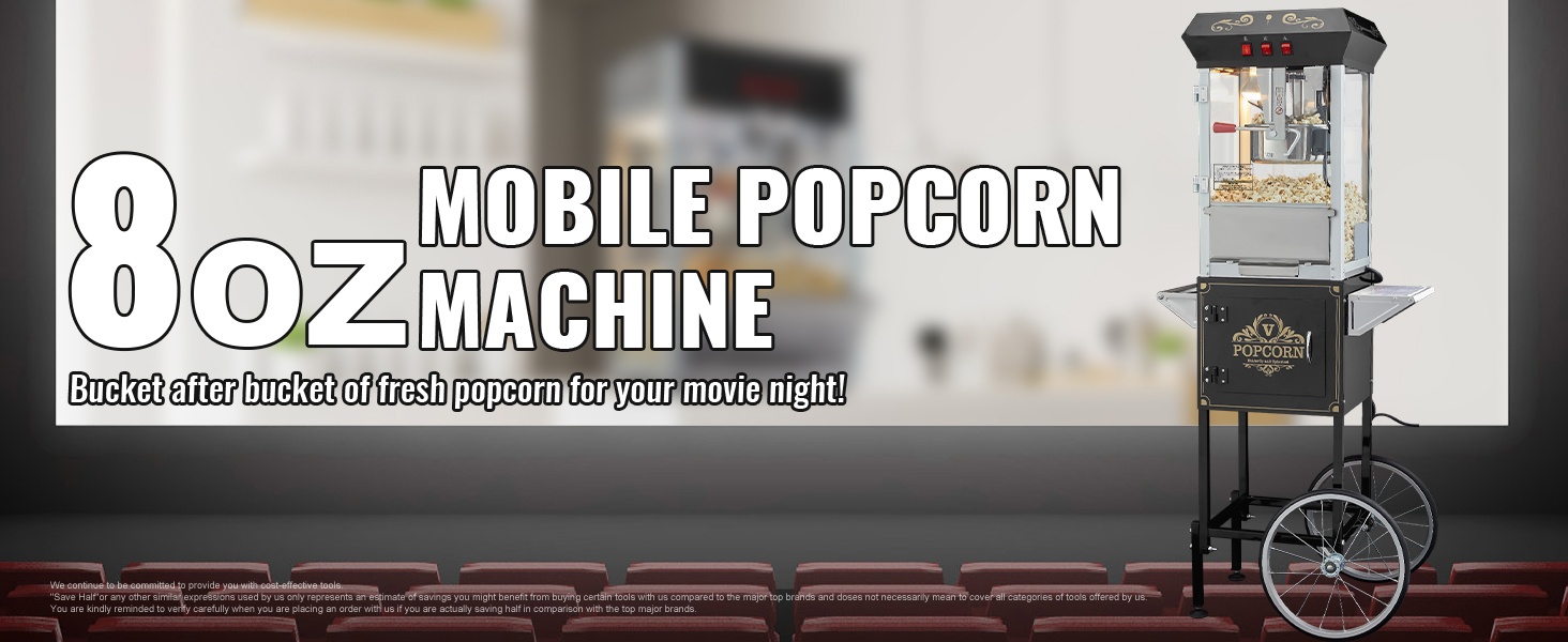 VEVOR Popcorn Popper maskine med vogn Popcorn Maker 850W 8 Oz 48 kopper ...
