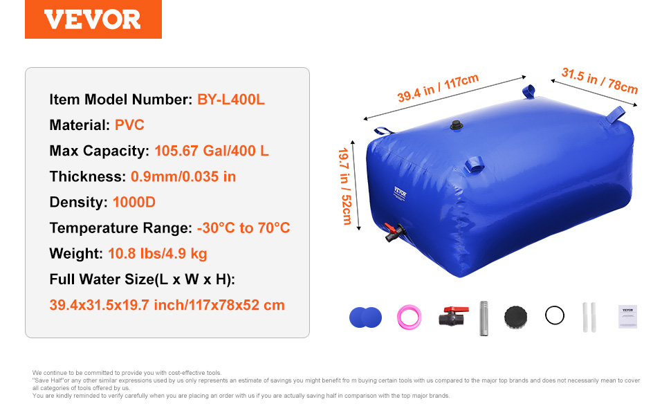 VEVOR Portable Water Storage Bladder 105.7 Gal 1000D PVC Collapsible ...