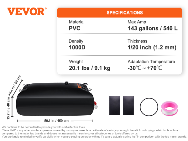 VEVOR Water Tank Bladder, 540L Large Capacity, PVC Collapsible Water ...