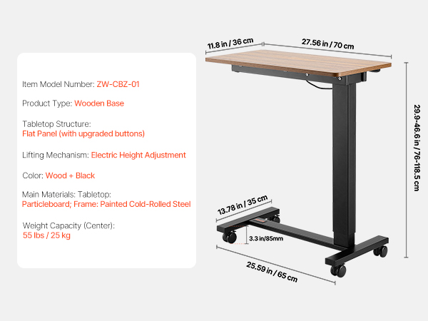 VEVOR Overbed Table, Mobile Bed Side Table with 4 Wheels, Electric ...